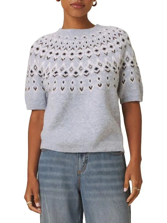 Splendid Fair Isle Short Sleeve Sweater - Light Blue