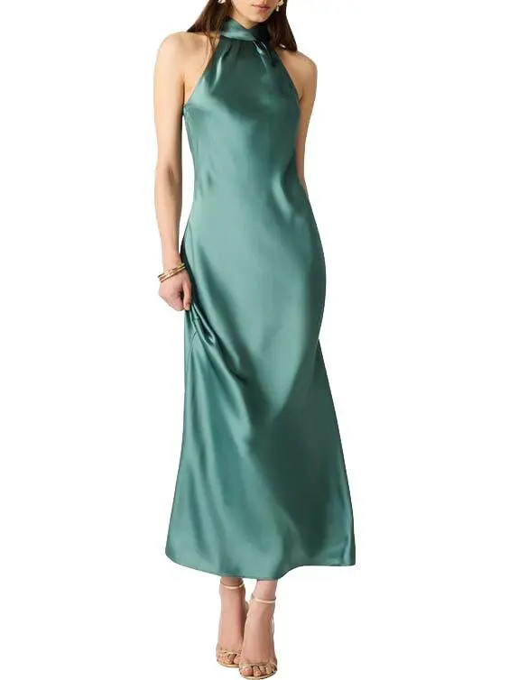 Steve Madden Alanah Halter Neck Satin Midi Dress With Bow Detail - Dark Sage