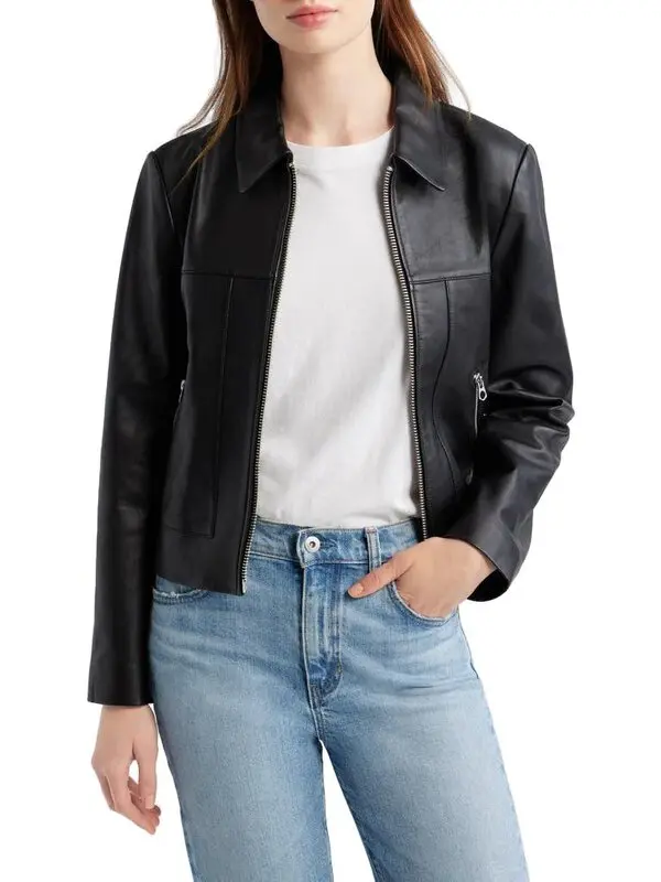 Madewell Shrunken Lambskin Leather Zip Jacket - True Black