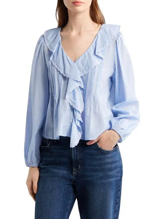 Madewell Lace Insert Ruffled Pintuck Long Sleeve Top - Tranquil Blue