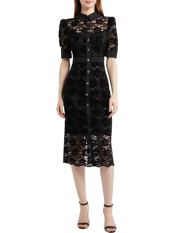 TAHARI ASL Lace Midi Shirtdress - Black