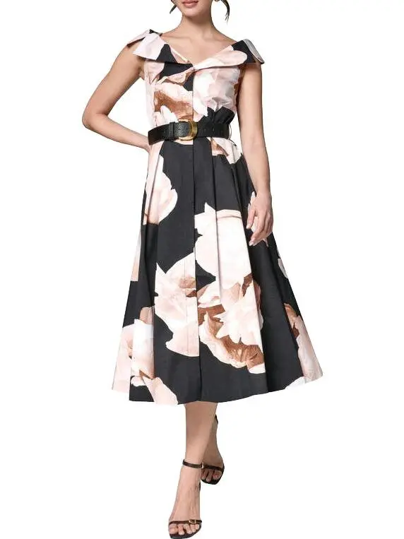 Donna Karan New York Floral Belted Stretch Fit & Flare Midi Dress - Black Multi
