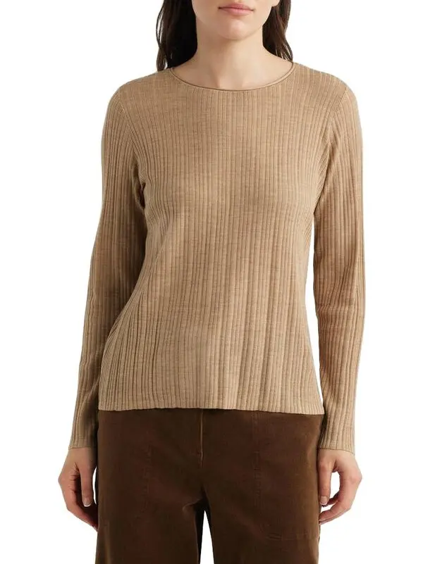 Eileen Fisher Merino Wool Ribbed Sweater - Biscuit