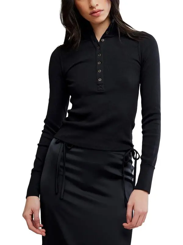 Free People Stand Collar Stretch Cotton Rib Henley - Black