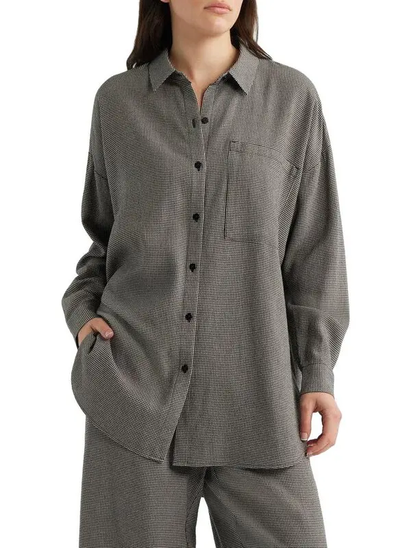 Eileen Fisher Classic Collar Organic Yarn-dyed Check Longline Button-up Shirt - Chalk