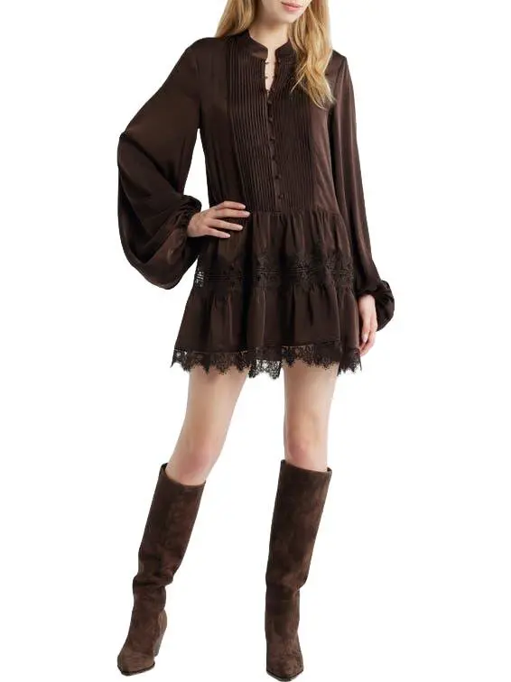 Bardot Antonia Lace Trim Long Sleeve Satin Minidress - Dark Choco