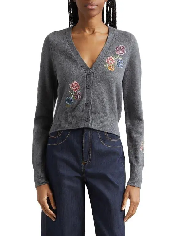 Cinq À Sept Nikko" Floral Embroidered Cardigan - Dark Grey