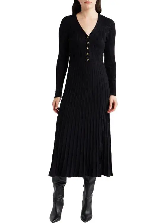 Sam Edelman Long Sleeve Ribbed Maxi Sweater Dress - Black