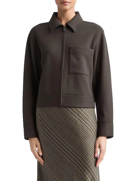 Vince Textured Knit Zip Jacket With Spread Collar - Dark Thyme