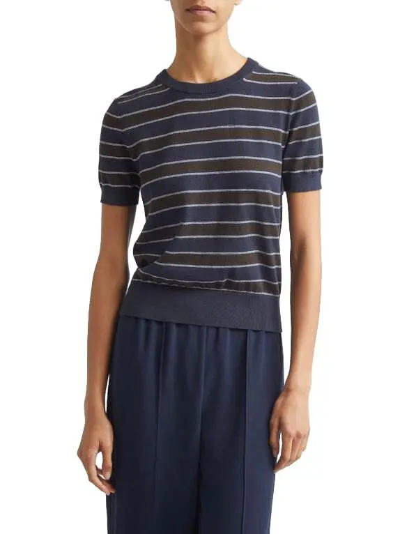 Vince Striped Cotton & Cashmere Short Sleeve Sweater - Dark Thyme Combo