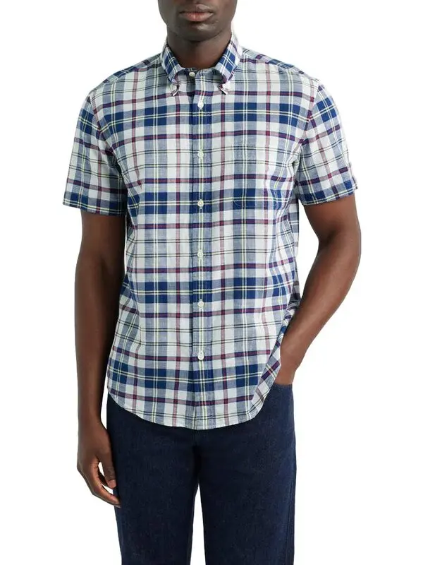 Brooks Brothers Madras Plaid Short Sleeve Button-down Shirt - Ivorymulti