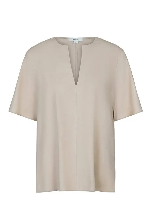 Vince Linen Blend Slit Neck T-shirt - Cobblestone
