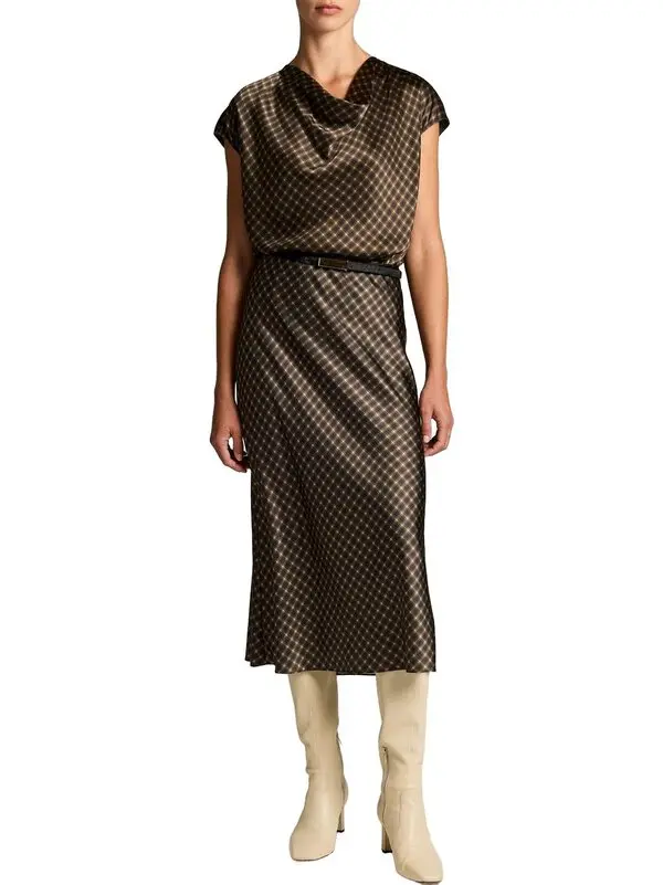 Vince Ombré Plaid Satin Slip Skirt With Lingerie Trim - Black/camel