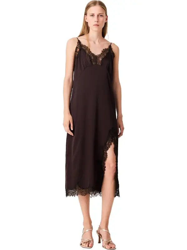 Maje Midi Slip Dress With Lace Trim - Dark Brown