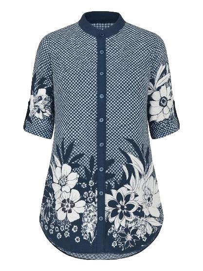 CONQUISTA And White Print Cotton Shirt - Blue