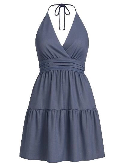 CONQUISTA Denim Style Empire Line Mini Dress - Blue