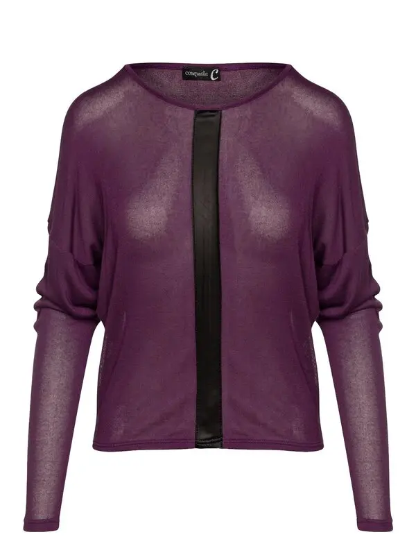 CONQUISTA Batwing Top With Faux Leather Detail - Purple