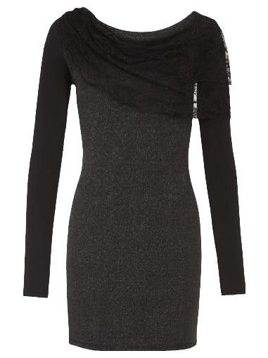 CONQUISTA Long Sleeve Knit Dress With Lace Detail - Grey