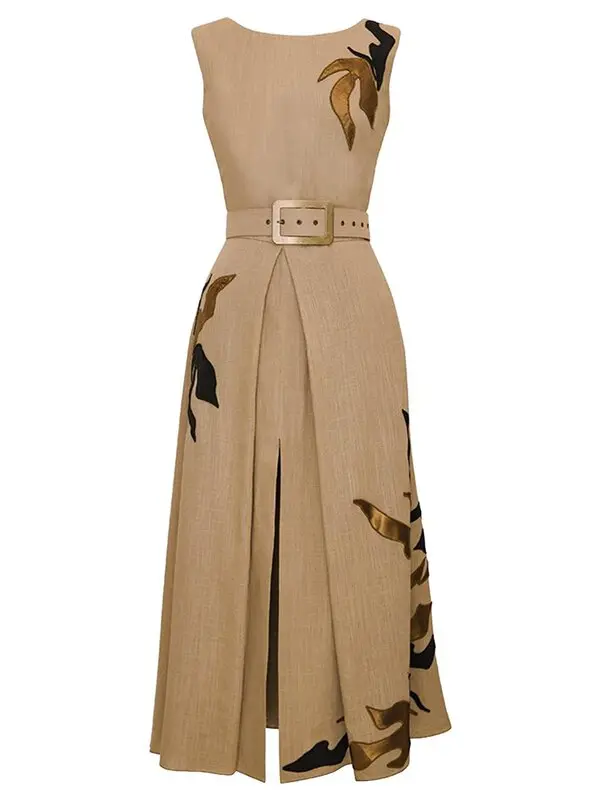ALINA CERNATESCU Embroided Dark Linen Midi Dress - Beige