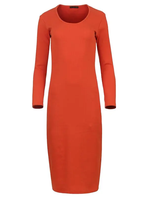CONQUISTA Long Sleeve Round Neck Midi Dress In Ribbed Cotton-elastane - Orange