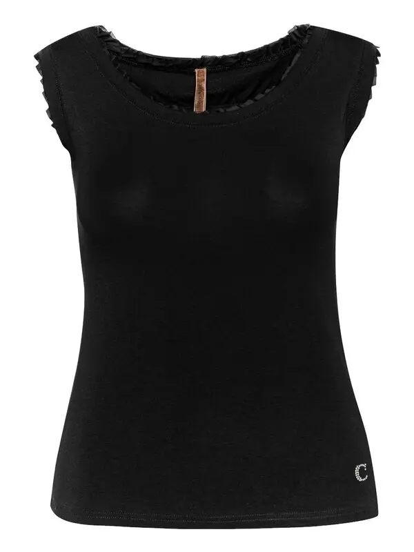 CONQUISTA Sleeveless Scoop Neck Top With Raw Edge Detailing - Black