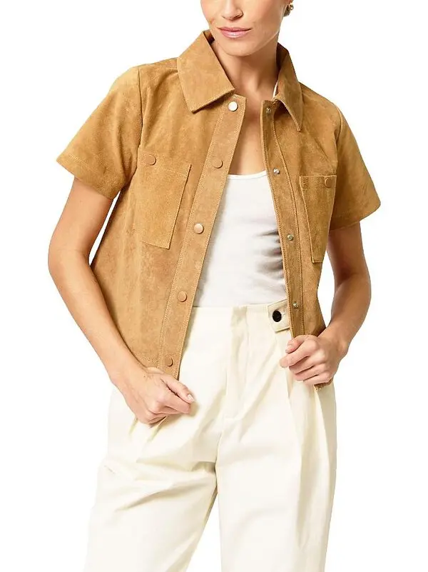 Central Park West Genuine Suede Short Sleeve Jacket - Saddle Brown