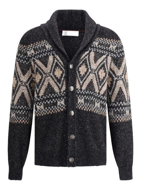 Brunello Cucinelli Shawl Collar Graphic Print Knitted Cardigan - Black
