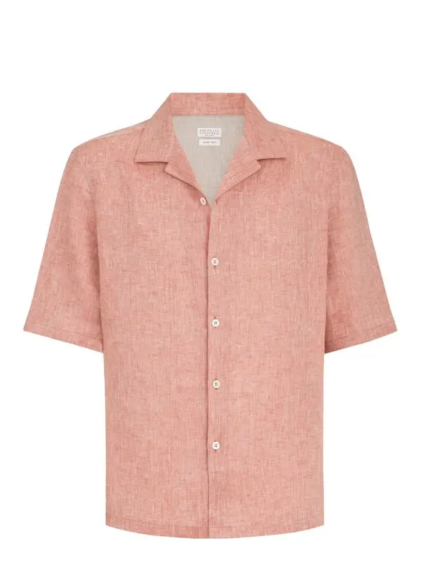 Brunello Cucinelli Linen Easy Fit Short Sleeve Shirt With Camp Collar - No