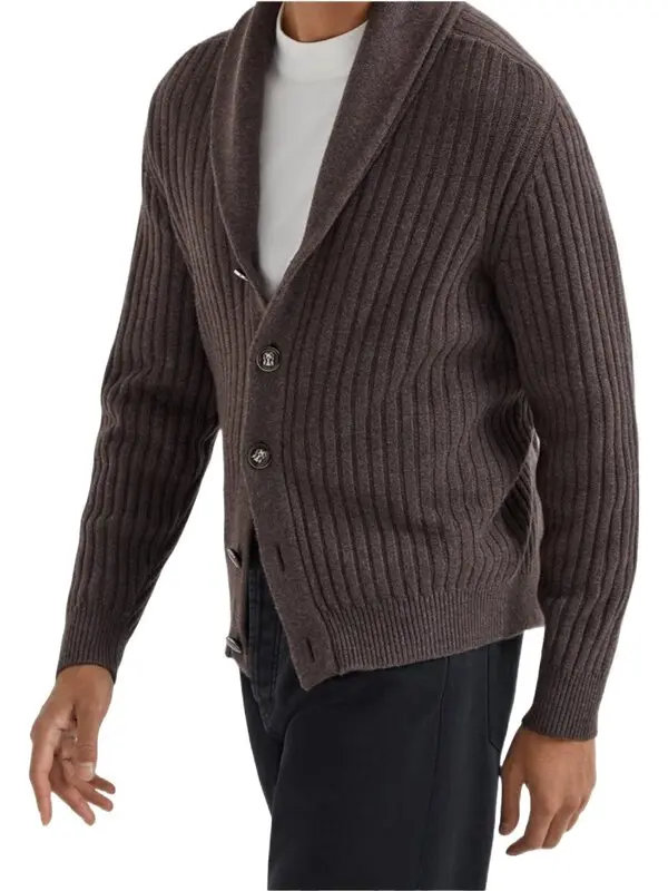 Brunello Cucinelli Ribbed Shawl Collar Cardigan - Brown