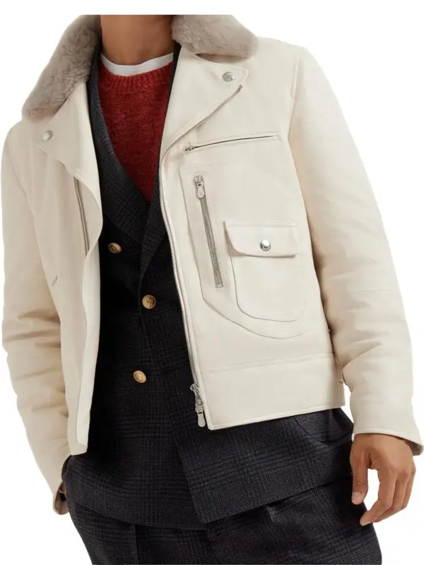 Brunello Cucinelli Fur-trimmed Leather Moto Jacket - Ivory