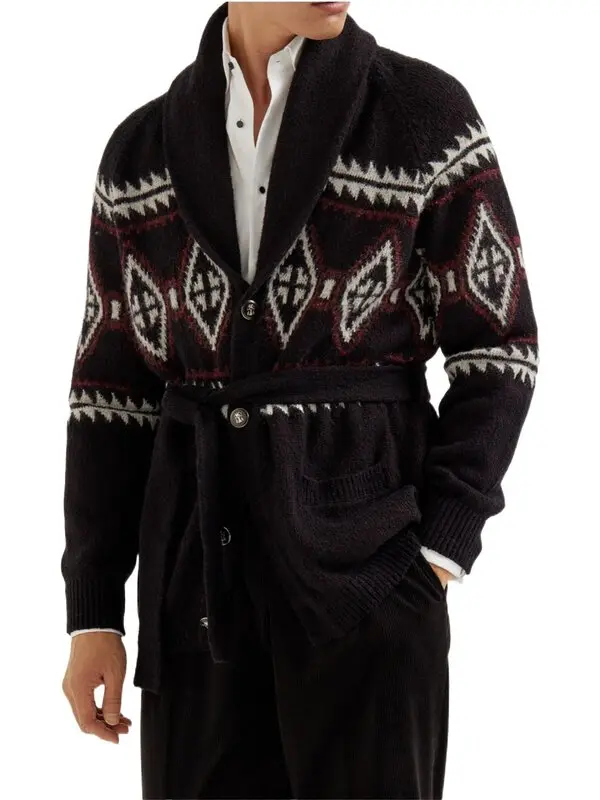Brunello Cucinelli Geometric Jacquard Belted Cardigan - Black