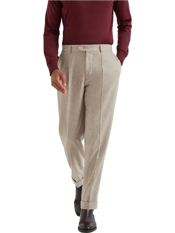 Brunello Cucinelli Pleated Cuffed Trousers In Cashmere Flannel - Beige