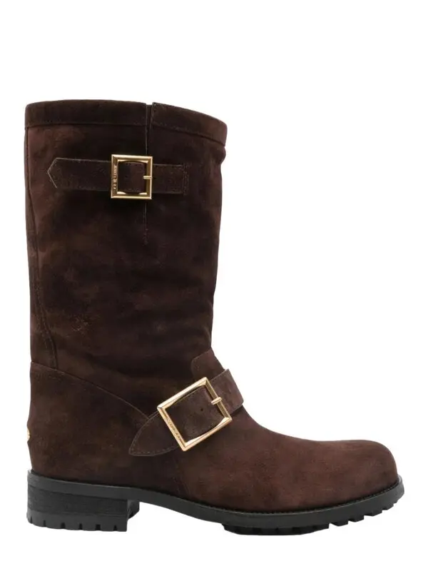 JIMMY CHOO Buckled Suede Biker Boots - Brown