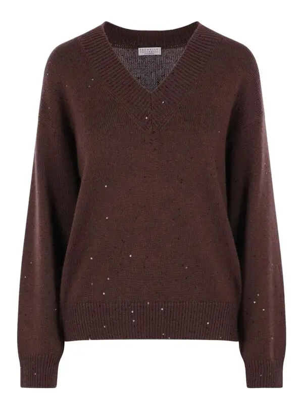 Brunello Cucinelli Sequined V-neck Jumper - Brown