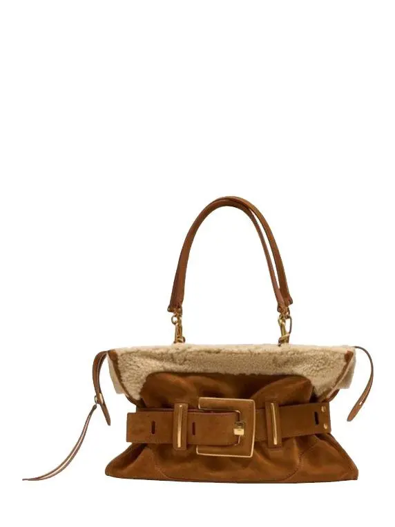 Balmain Anthem Buckled Shearling Shoulder Bag - Brown