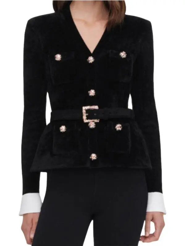 SELF-PORTRAIT Chenille Knit Top With Belt And Pockets - Black