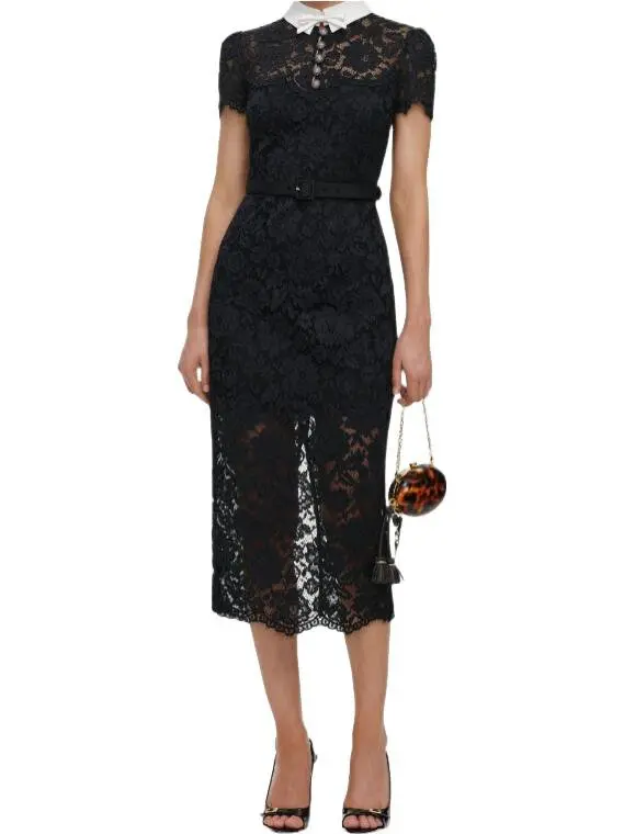SELF-PORTRAIT Lace Contrast Collar Midi Dress - Black