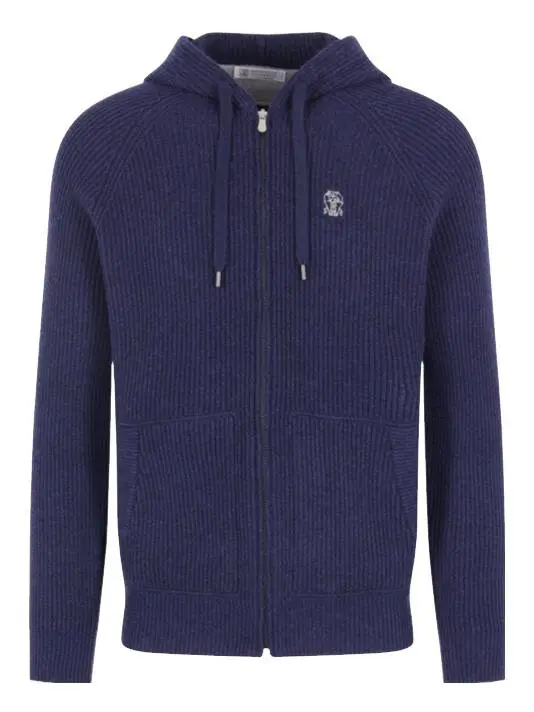 Brunello Cucinelli Ribbed Knit Zip-up Cardigan With Embroidered Logo - Blue
