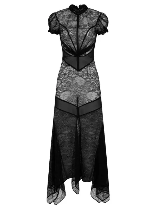 Attico Panelled Lace Midi Dress With Sheer Detailing And Fringe Hem - Black
