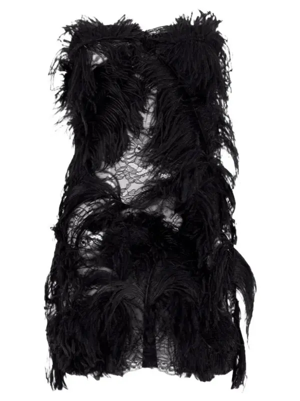 Attico Strapless Feather And Lace Mini Dress - Black
