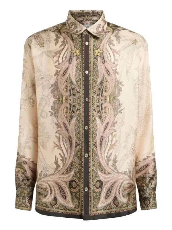 Etro Silk Twill Shirt With Placed Pegaso Print - Beige