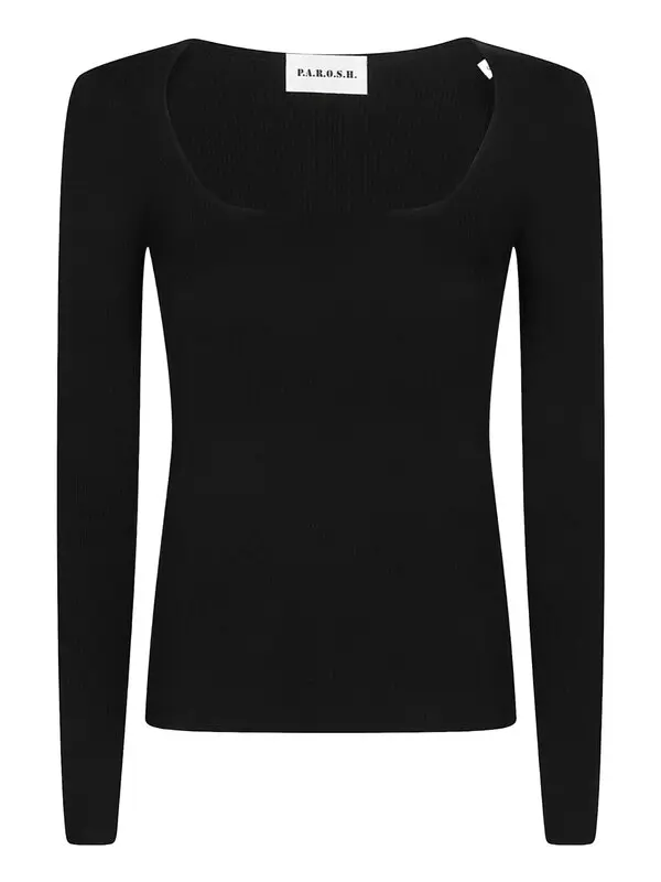 P.a.r.o.s.h Ribbed Knit Scoop Neck Long Sleeve Wool T-shirt - Black