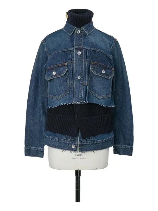 Sacai Raw-cut Knit-panelled Denim Jacket - Blued/navy