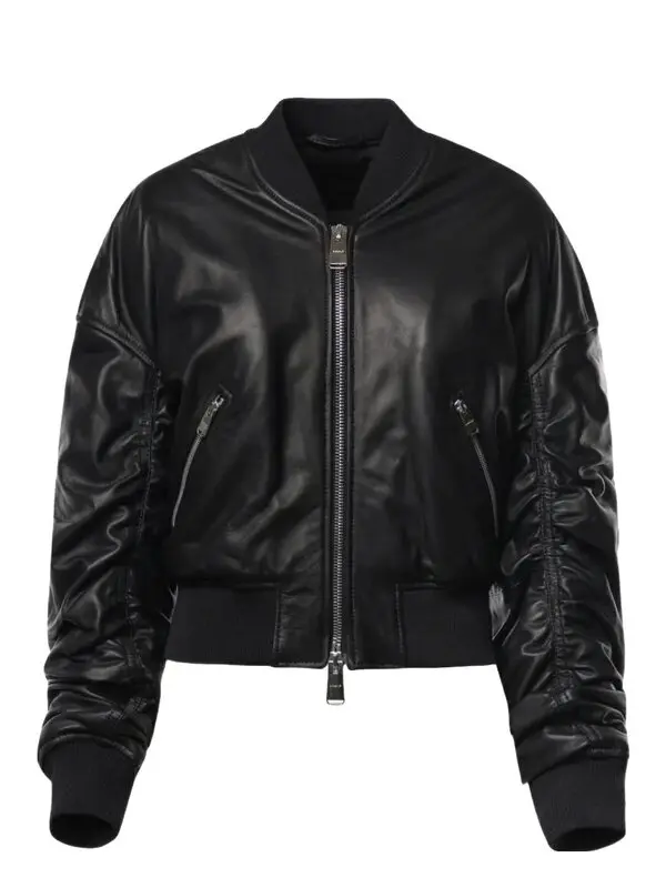 DONDUP Ruched Leather Bomber Jacket - Black