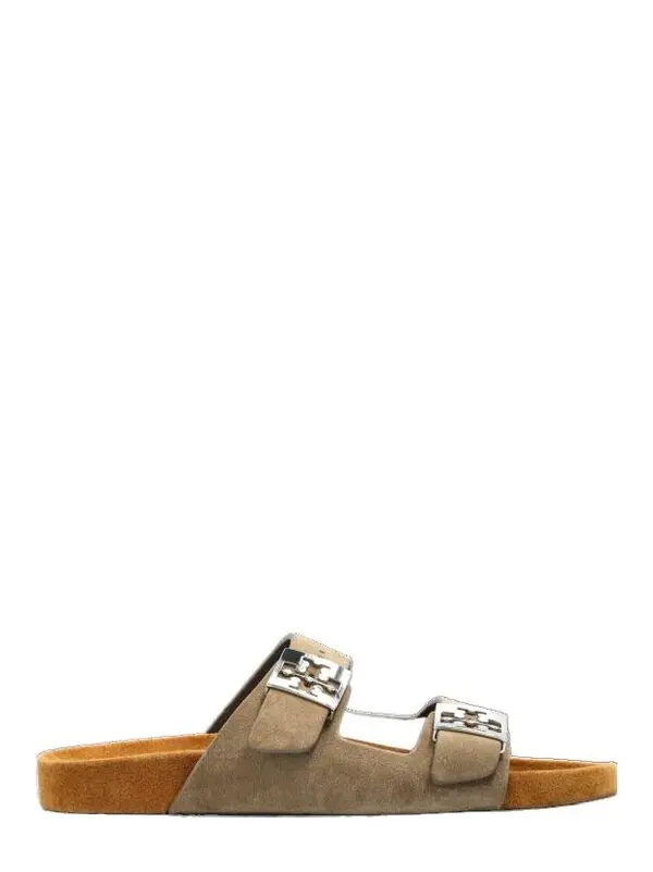 Tory Burch Suede Slides With Metal Buckles - Beige