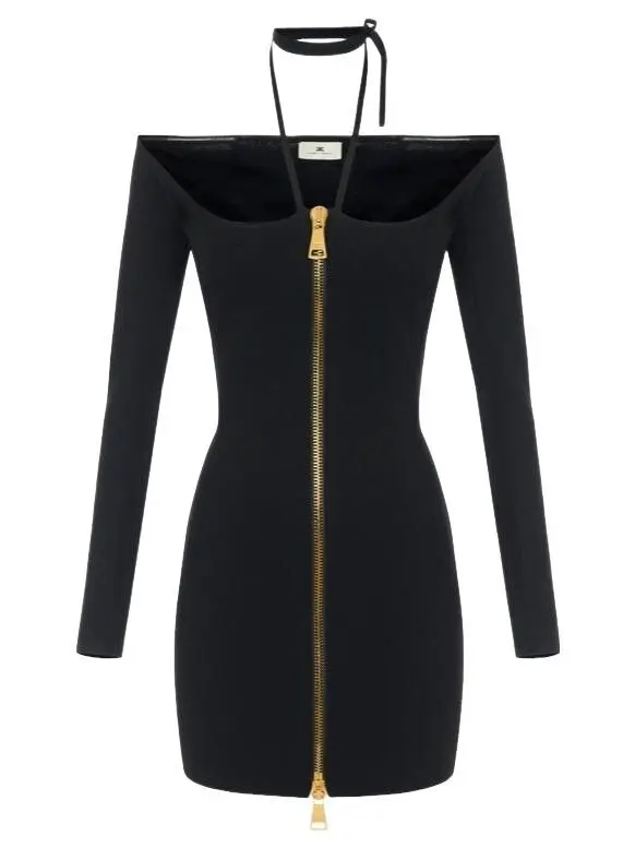 Elisabetta Franchi Off-the-shoulder Knit Mini Dress With Front Zip - Black