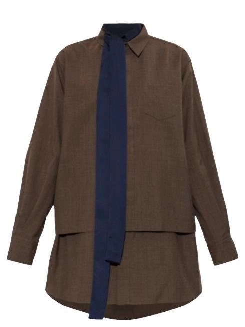 Sacai Wool Shirt Dress With Asymmetrical Hem - Brown