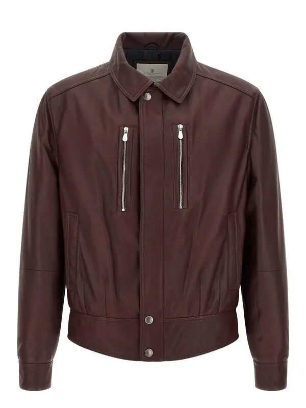 Brunello Cucinelli Collared Leather Biker Jacket - Burgundy
