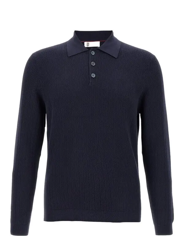 Brunello Cucinelli Long Sleeved Ribbed Polo Shirt - Navy Blue