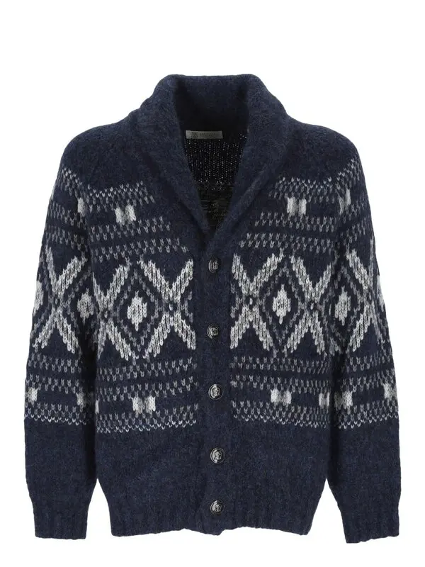 Brunello Cucinelli Shawl Collar Fair Isle Cardigan - Black